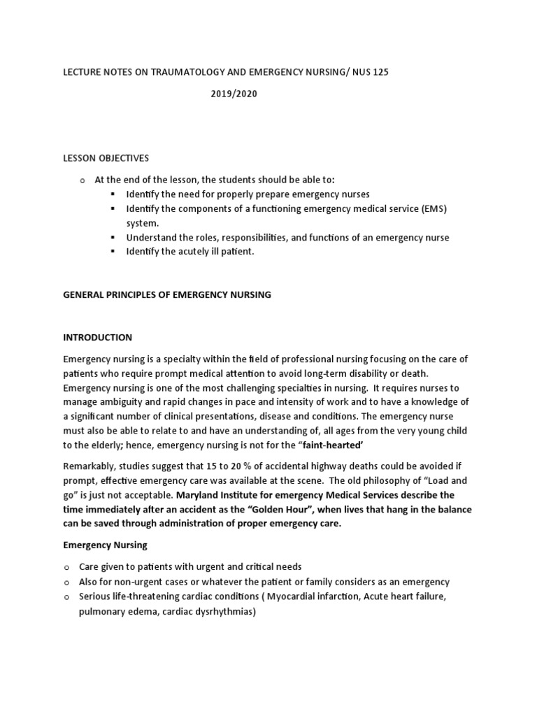 Lecture Notes On Traumatology and Emergency Nursing | PDF | Emergency ...