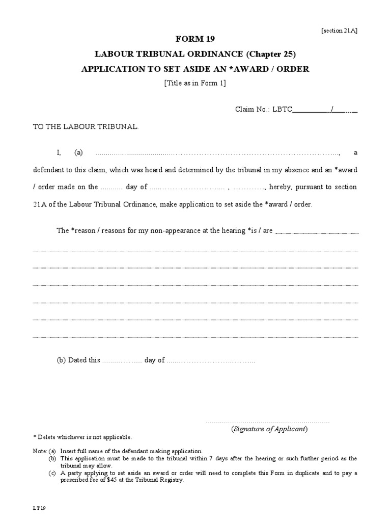 Form 19 Labour Tribunal Ordinance (Chapter 25) Application To Set Aside ...