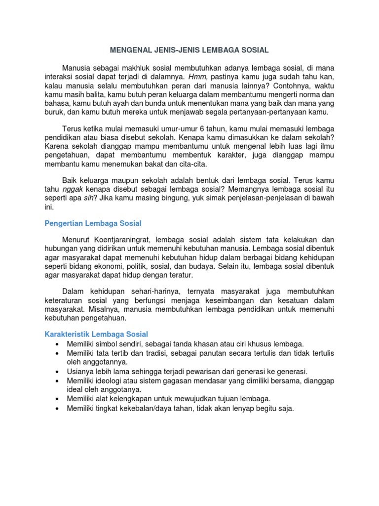 File - 9 Lembaga-Lembaga Sosial Di Masyarakat PDF | PDF | Karier & Perkembangan