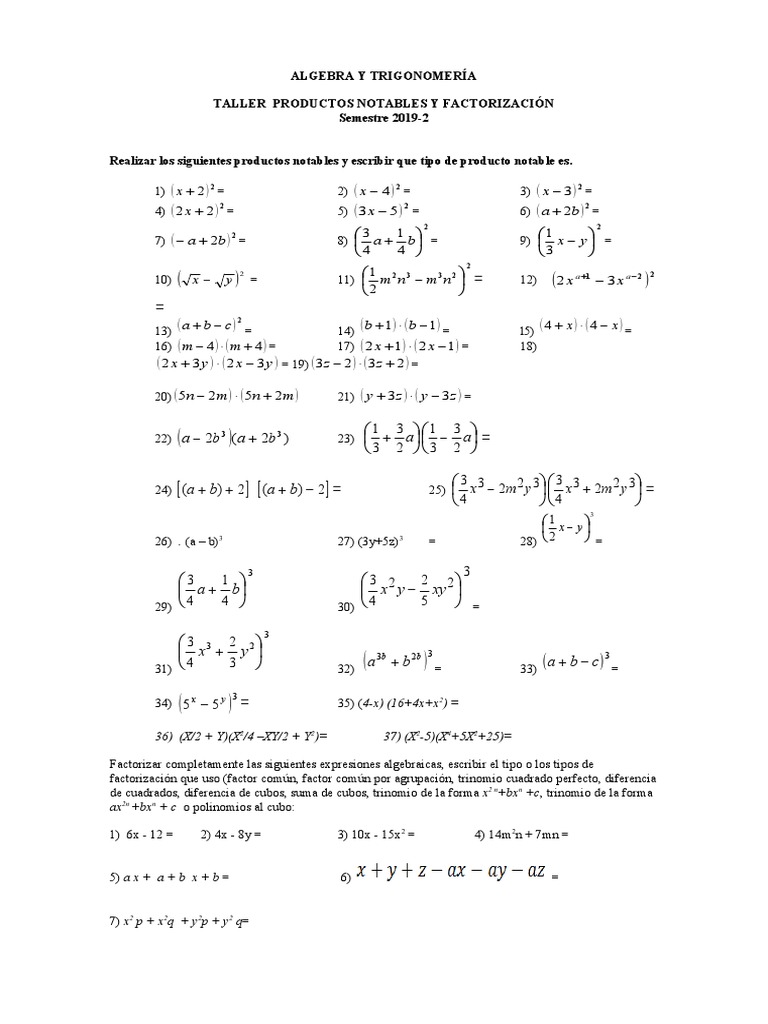 Taller Productos Notables Y Factorización Algebra Y Trigonometria Pdf