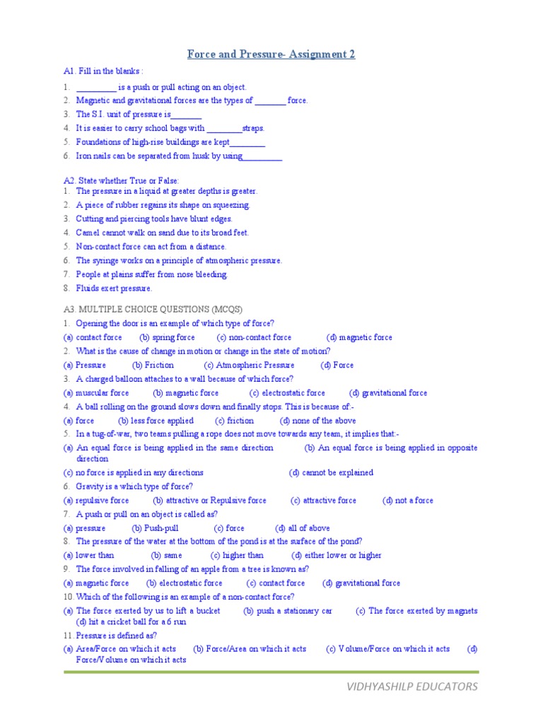 Force and Pressure Assignment 2 2020 | PDF | Force | Pressure