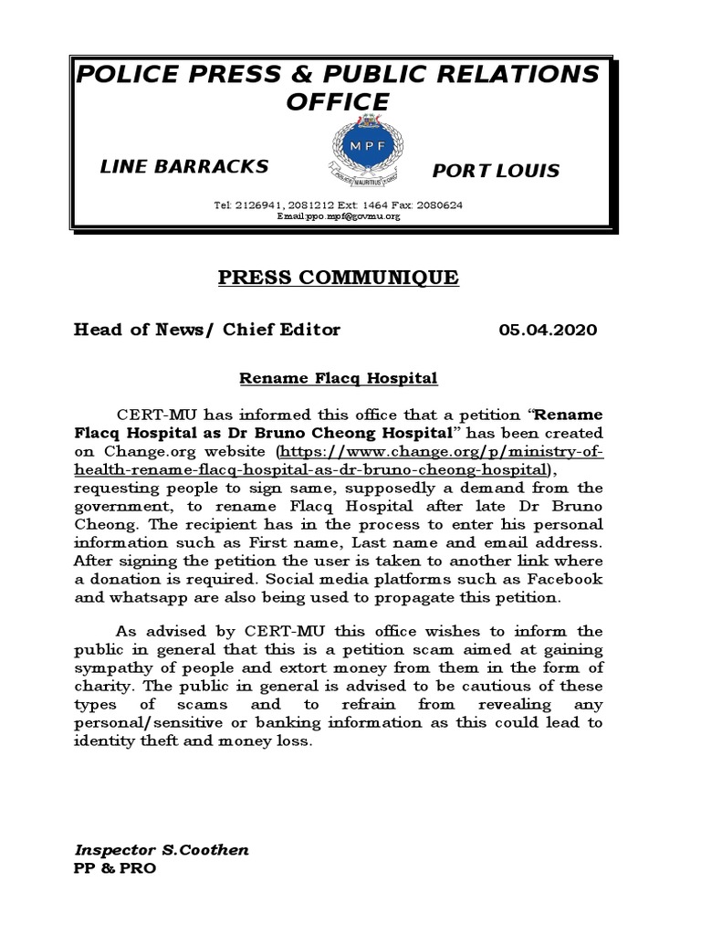 Police Communiqué - Rename Flacq Hospital | PDF