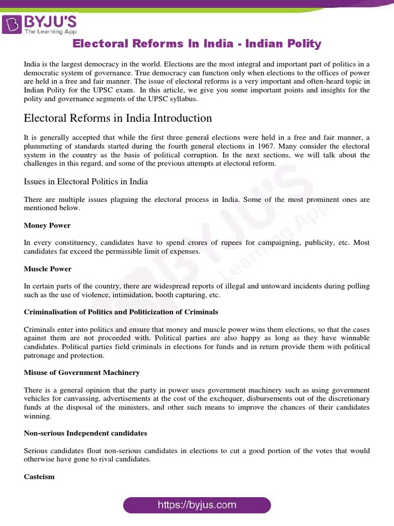Importance of Electoral Reforms in India | PDF | Elections | Postal Voting