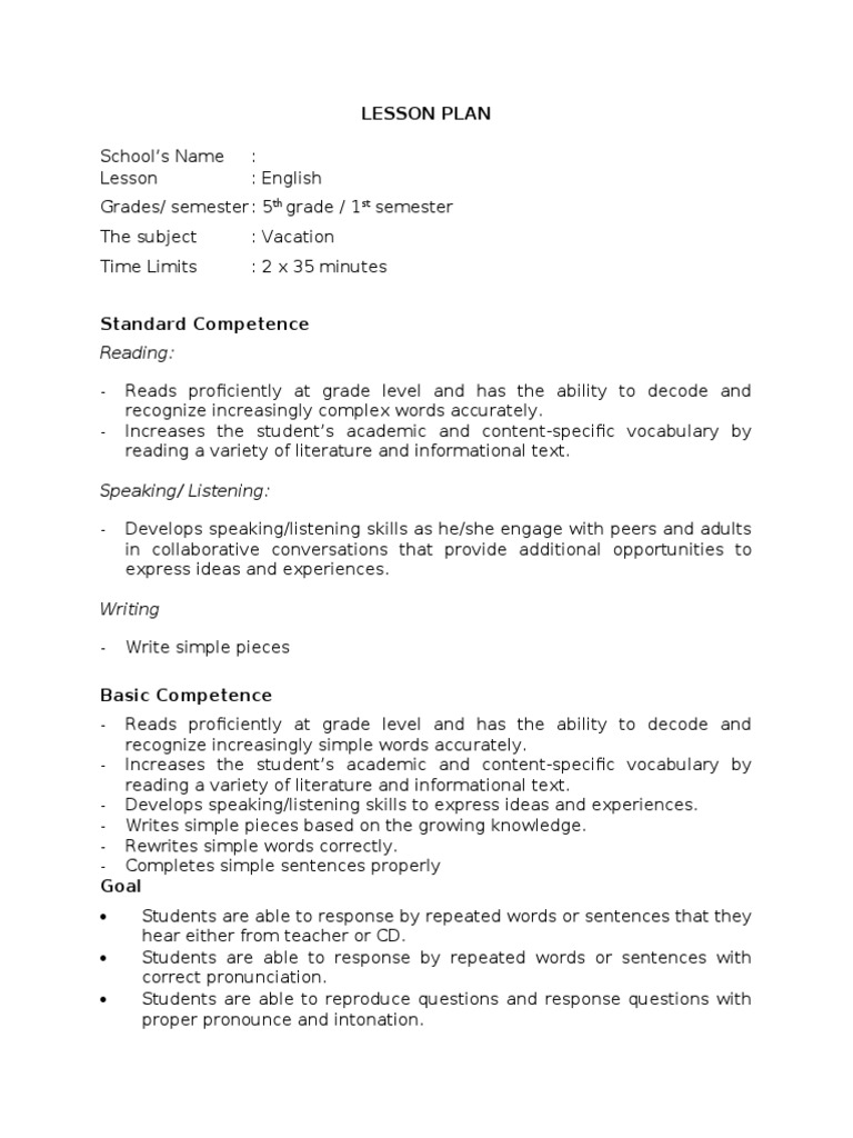 Lesson Plan For 5th Grade | Download Free PDF | Educational Assessment ...
