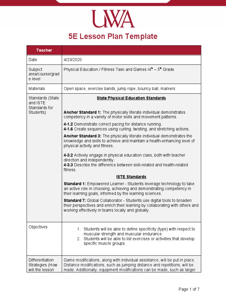 5E Lesson Plan Template: Teacher | PDF | Educational Assessment | Physical Education