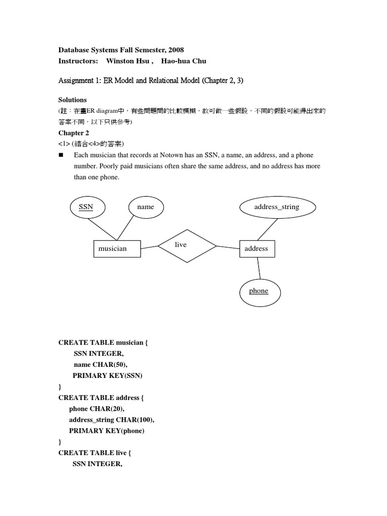 Assignment 1: ER Model and Relational Model (Chapter 2, 3) | PDF ...