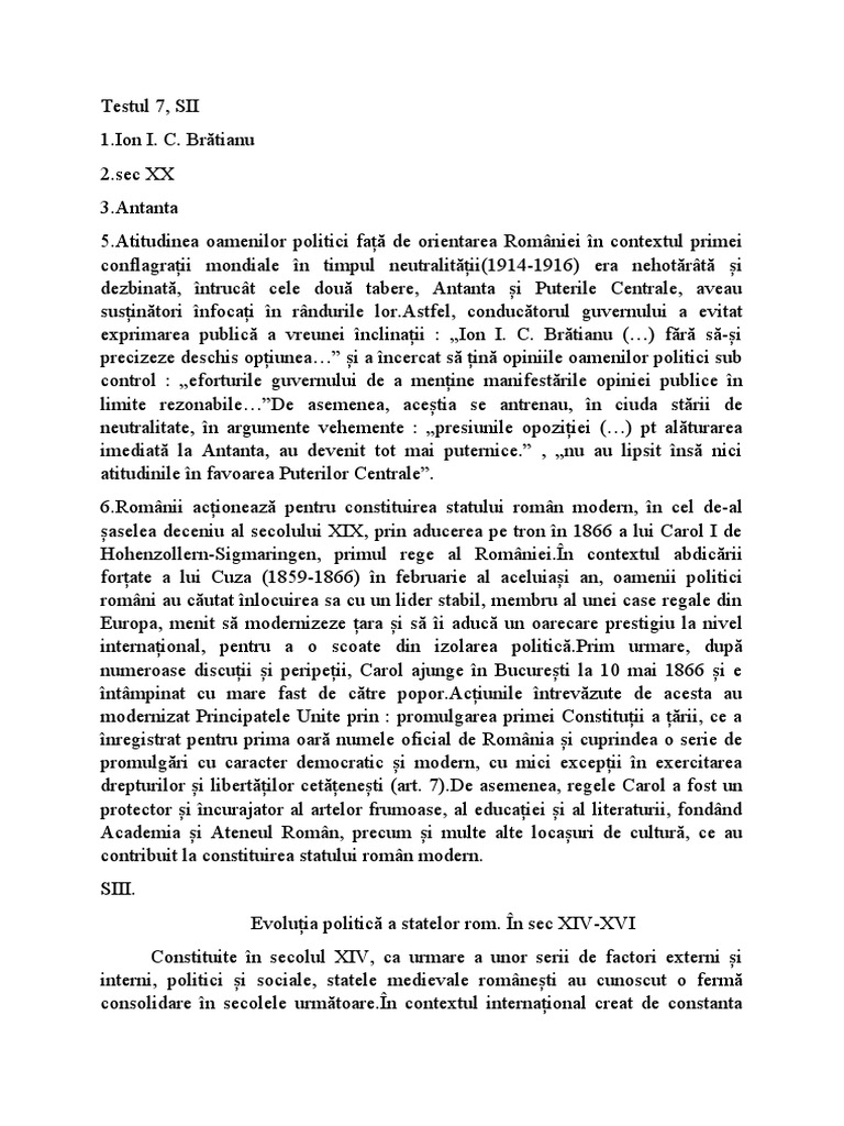 Rezolvare Test 7 Istorie Bac | PDF