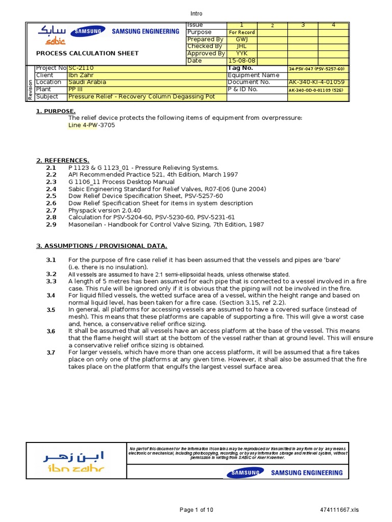 Process Calculation Sheet Tag No.: 1. Purpose | PDF | Pressure | Valve