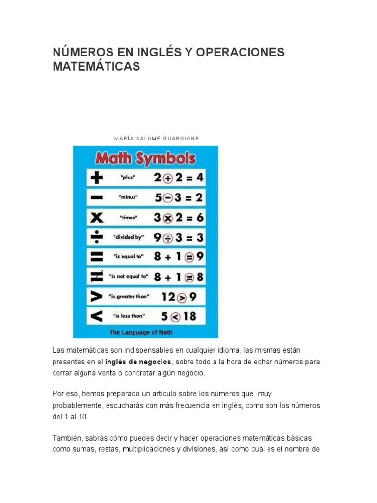 Números en Inglés y Operaciones Matemáticas | Descargar gratis PDF ...