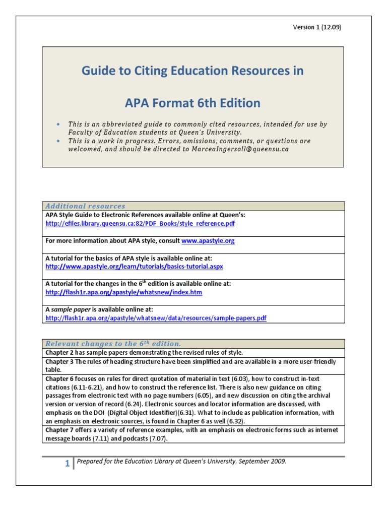 Guide To Citing Education Resources in APA Format 6th Edition | PDF ...