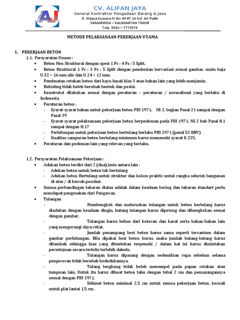 Metode Pelaksanaan CV. Alifan Jaya | PDF
