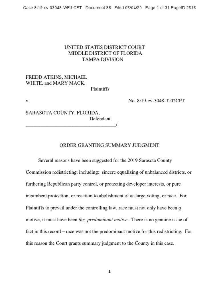 Sarasota County Redistricting Lawsuit Summary | PDF | Summary Judgment ...