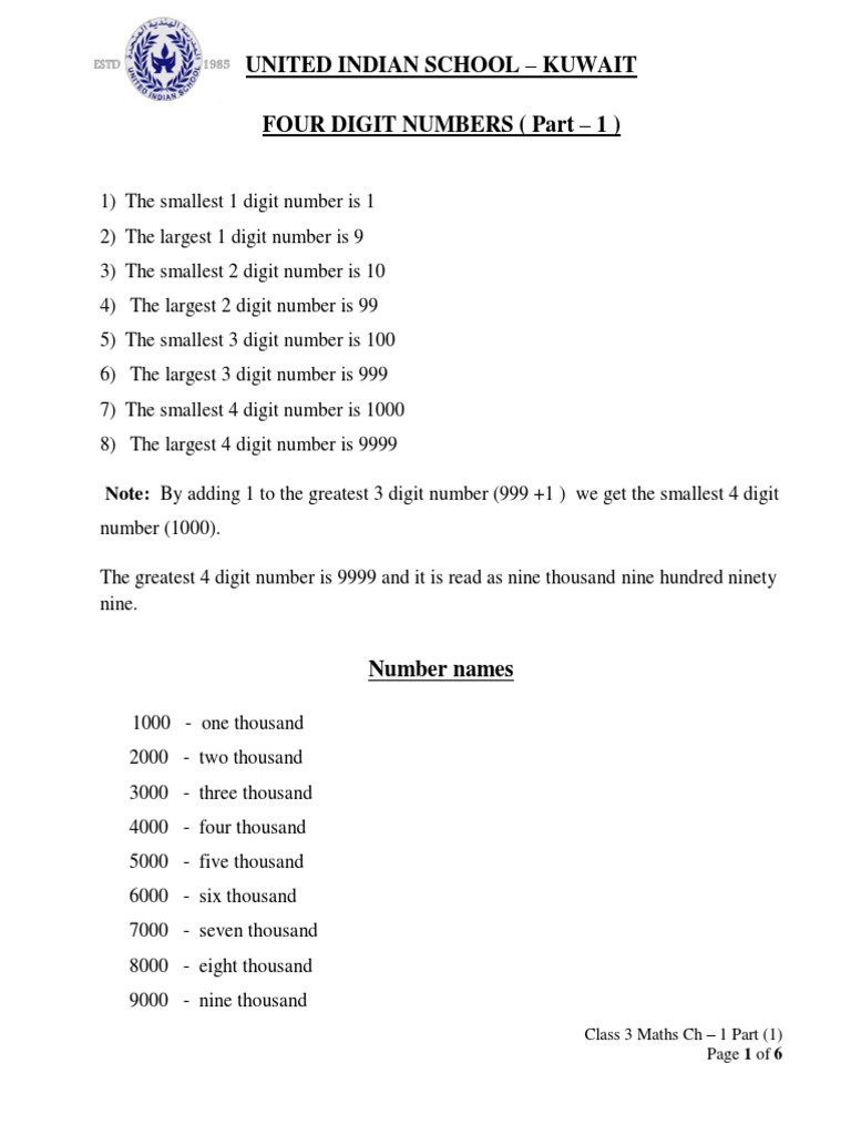 United Indian School - Kuwait Four Digit Numbers (Part - 1) | PDF ...