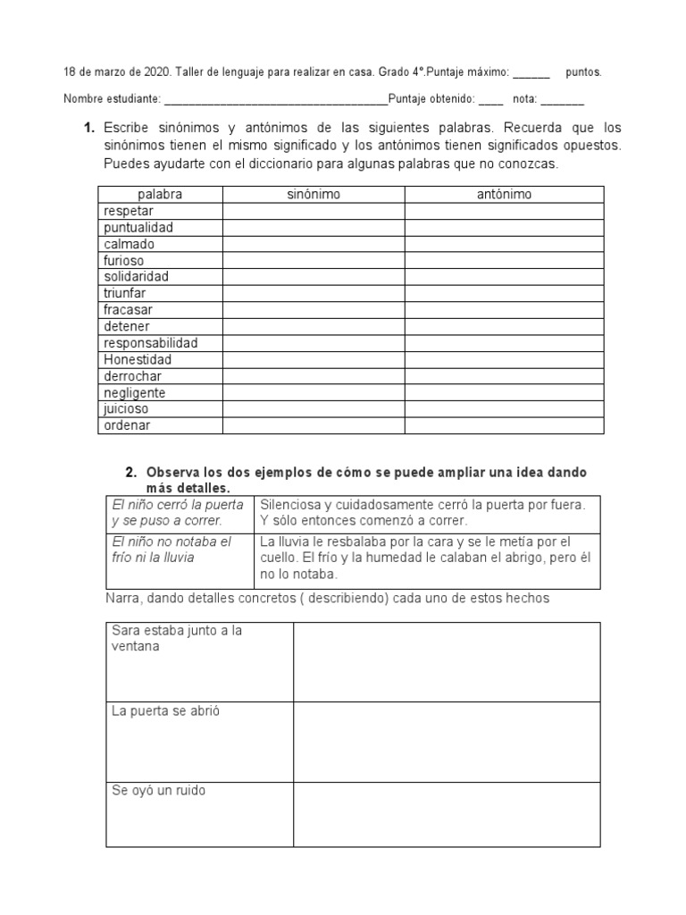 Taller de Lenguaje para Cuarto Grado | PDF | Artes del Lenguaje y ...