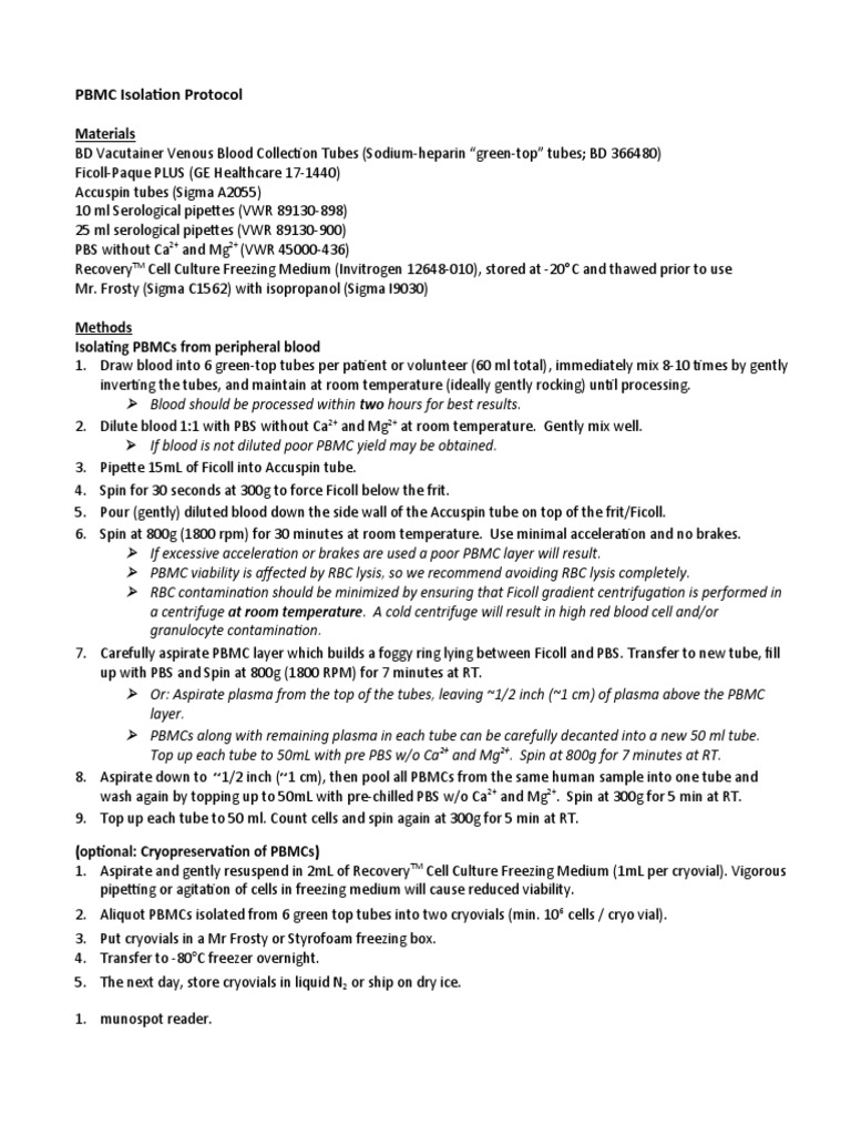 PBMC Isolation Protocol | PDF | Blood | Chemistry