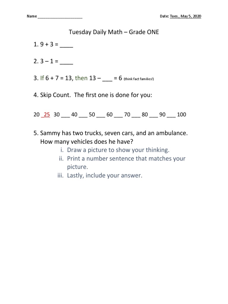 Grade 1 Math Worksheet May 5 | PDF