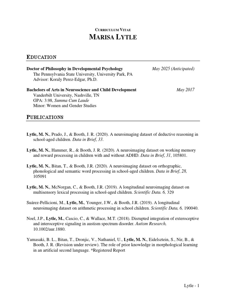 CV Lytle.M.N. | PDF | Neuroscience | Neuropsychological Assessment
