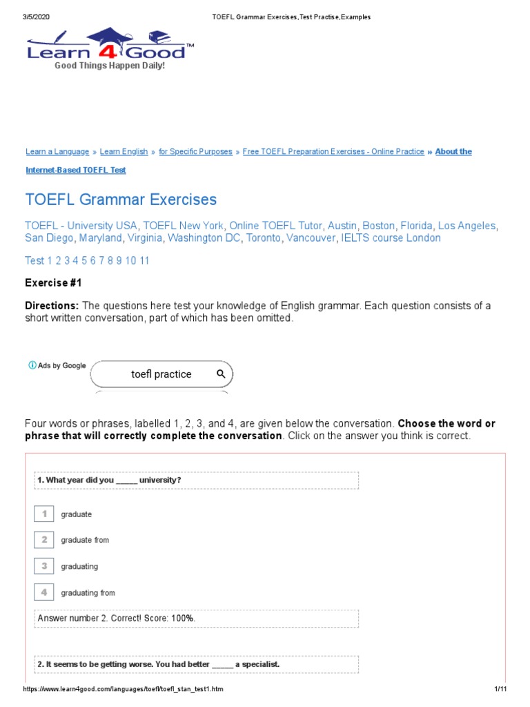 TOEFL Grammar Exercises, Test Practise, Examples PDF | PDF | Test Of ...