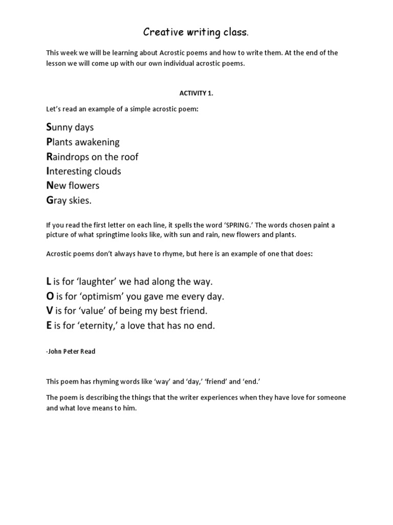 Acrostic Poem Creative Writing Class | PDF