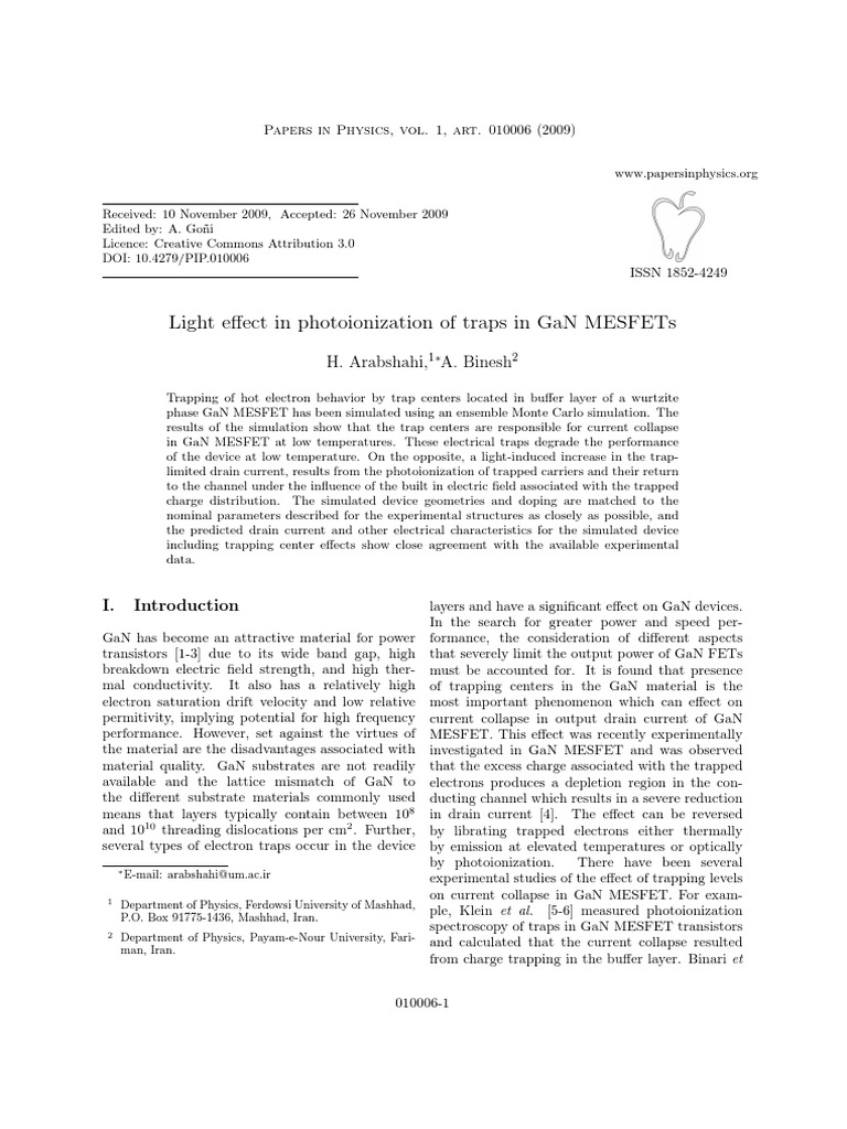 Light Effect in Photo Ionization of Traps in GaN MESFETs | PDF | Field ...