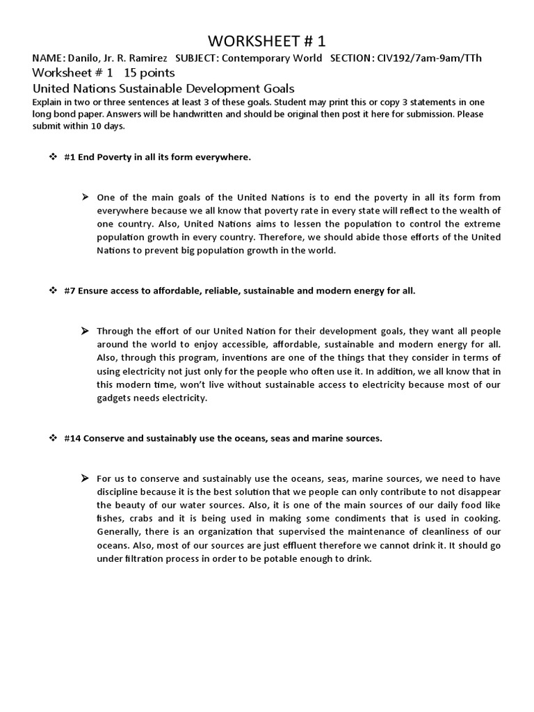 Worksheet # 1: Worksheet # 1 15 Points United Nations Sustainable ...