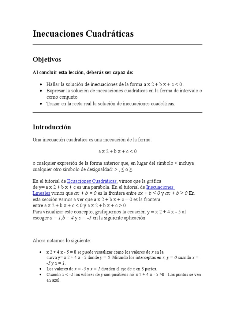Inecuaciones Cuadráticas | Descargar gratis PDF | Intervalo (Matemáticas) | Desigualdad ...