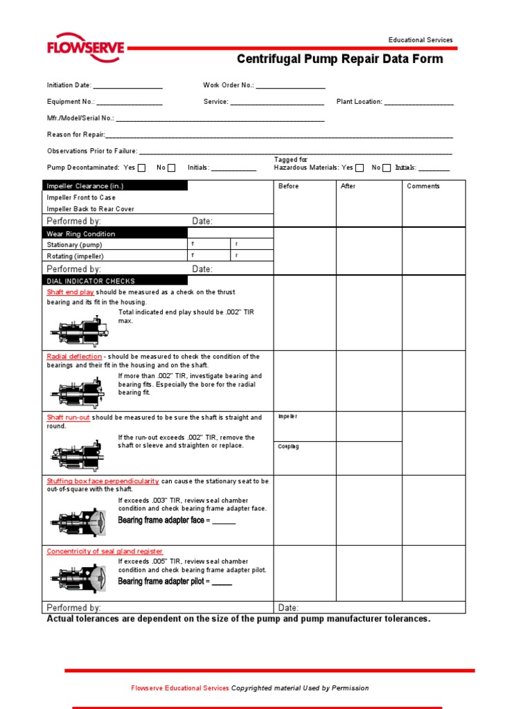 Centrifugal Pump Repair Data Form: Performed By: Date | Download Free ...
