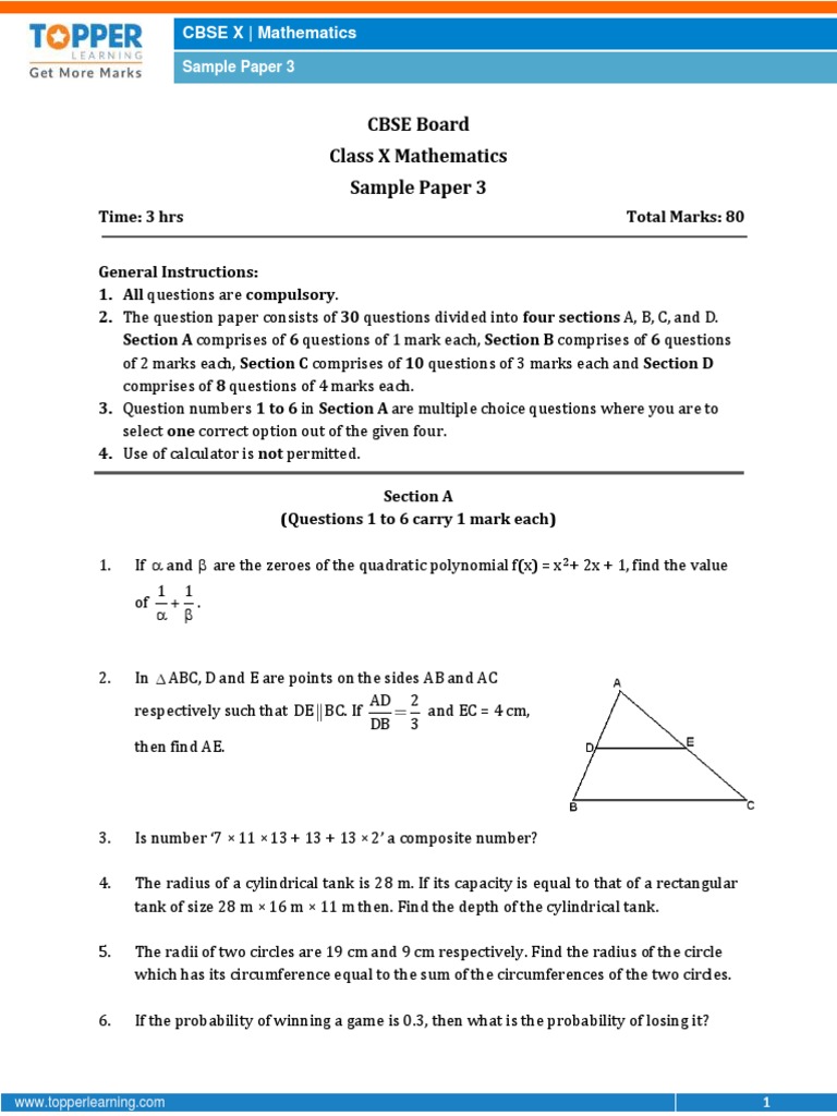 CBSE Board Class X Mathematics Sample Paper 3 | PDF | Triangle ...