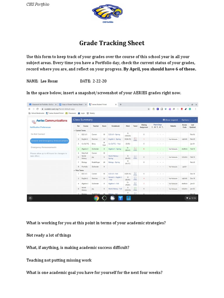 February Grade Tracking Sheet | PDF