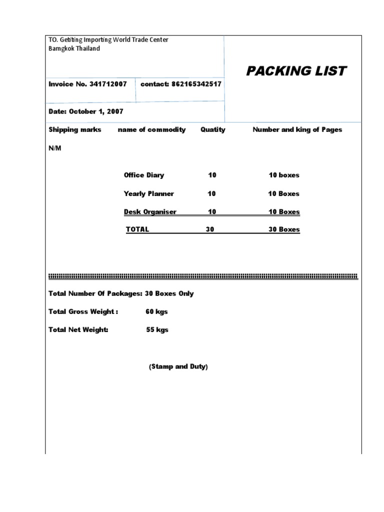 Packing List: TO. Getiting Importing World Trade Center Bamgkok ...