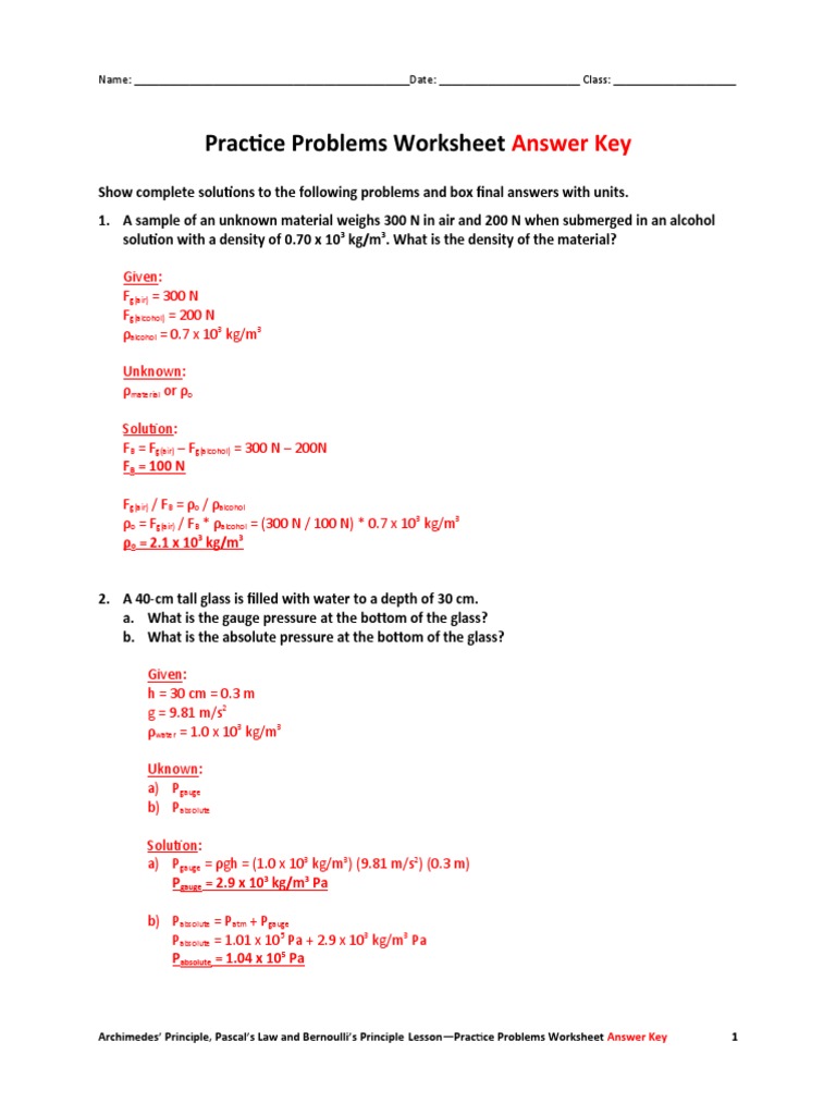Practice Problems Worksheet: Answer Key | PDF | Pressure | Density
