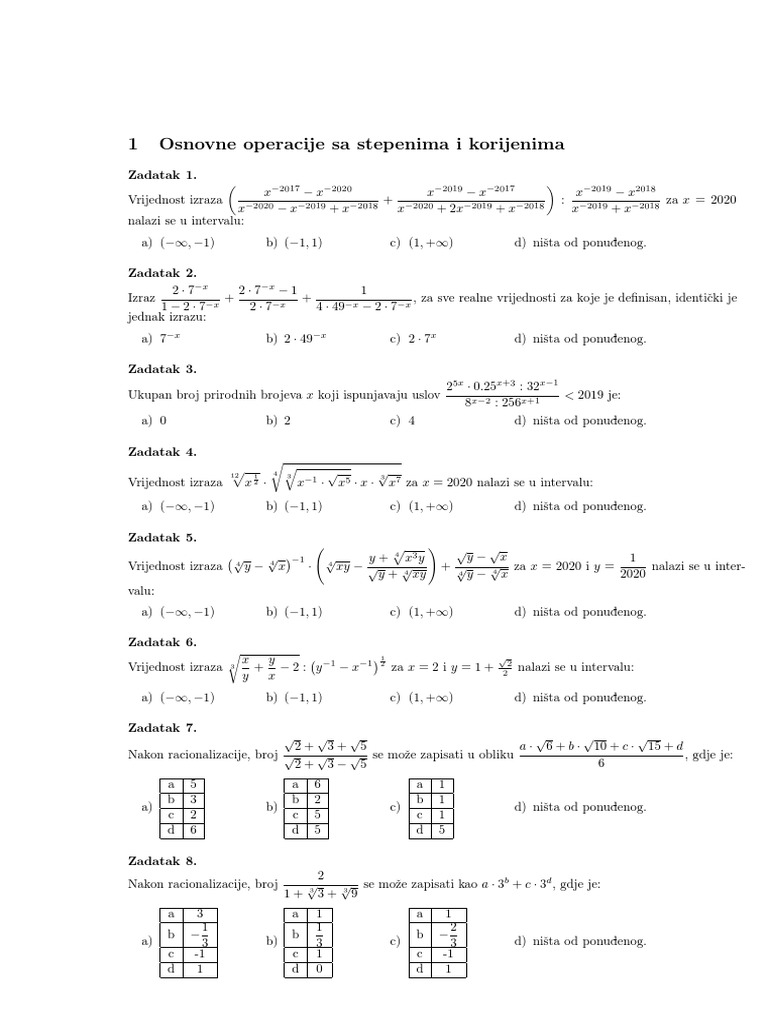 1.2 Osnovne Operacije Sa Stepenima I Korijenima PDF | PDF