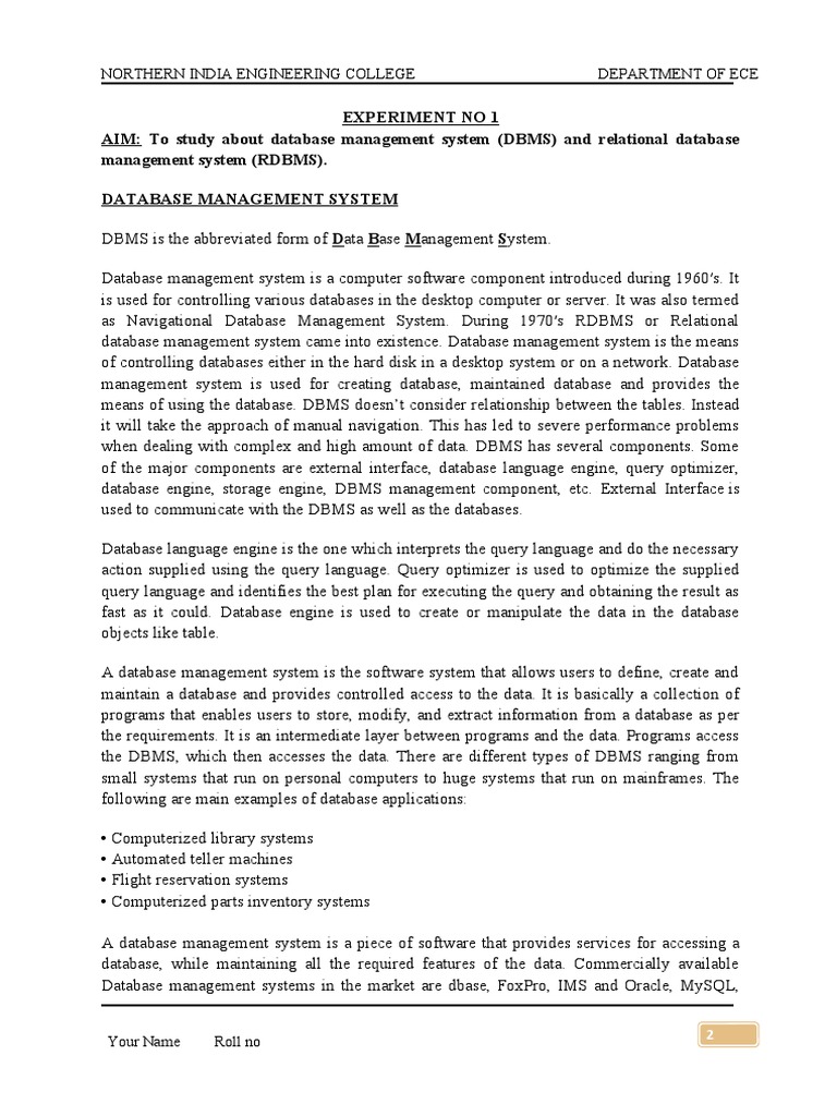 Experiment No 1 AIM: To Study About Database Management System (DBMS) and Relational Database ...