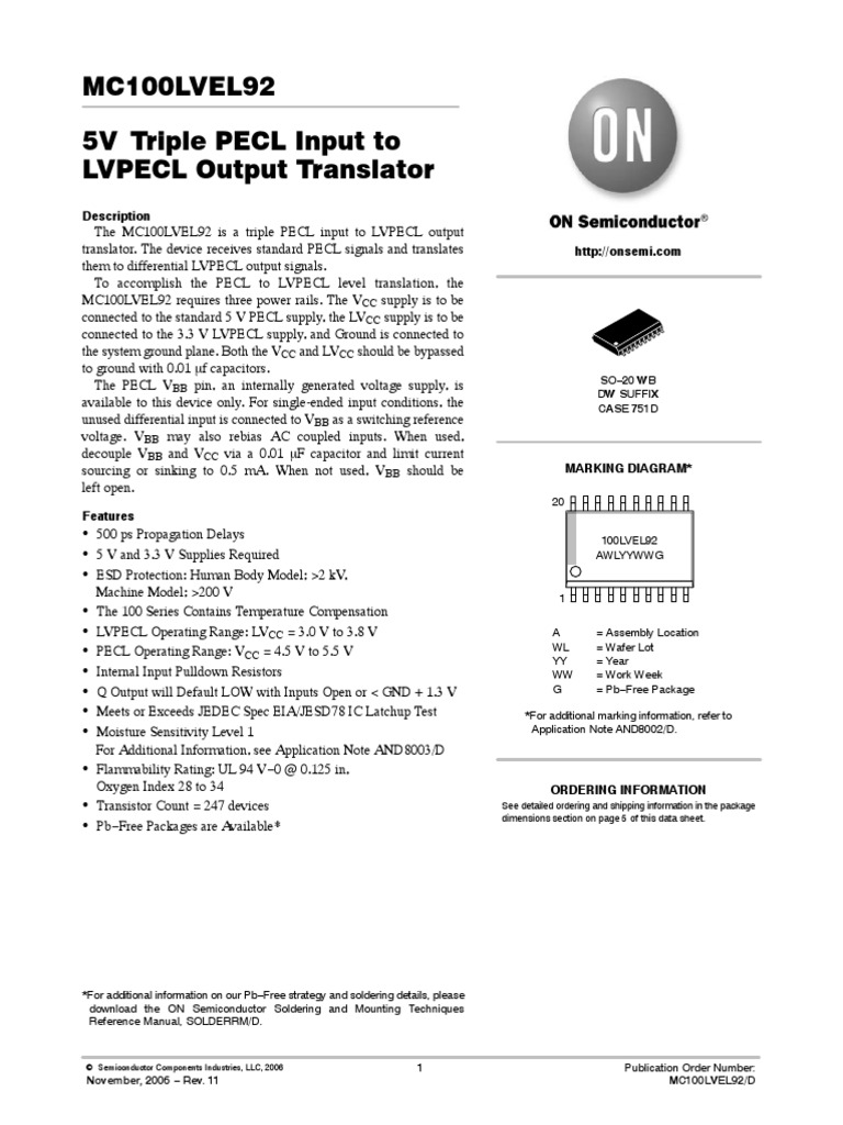 Mc100Lvel92 5vtriple Pecl Input To Lvpecl Output Translator ...