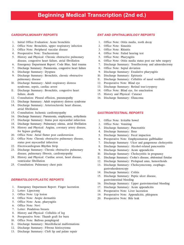 Beginning Medical Transcription (2nd Ed.) : Cardiopulmonary Reports Ent ...