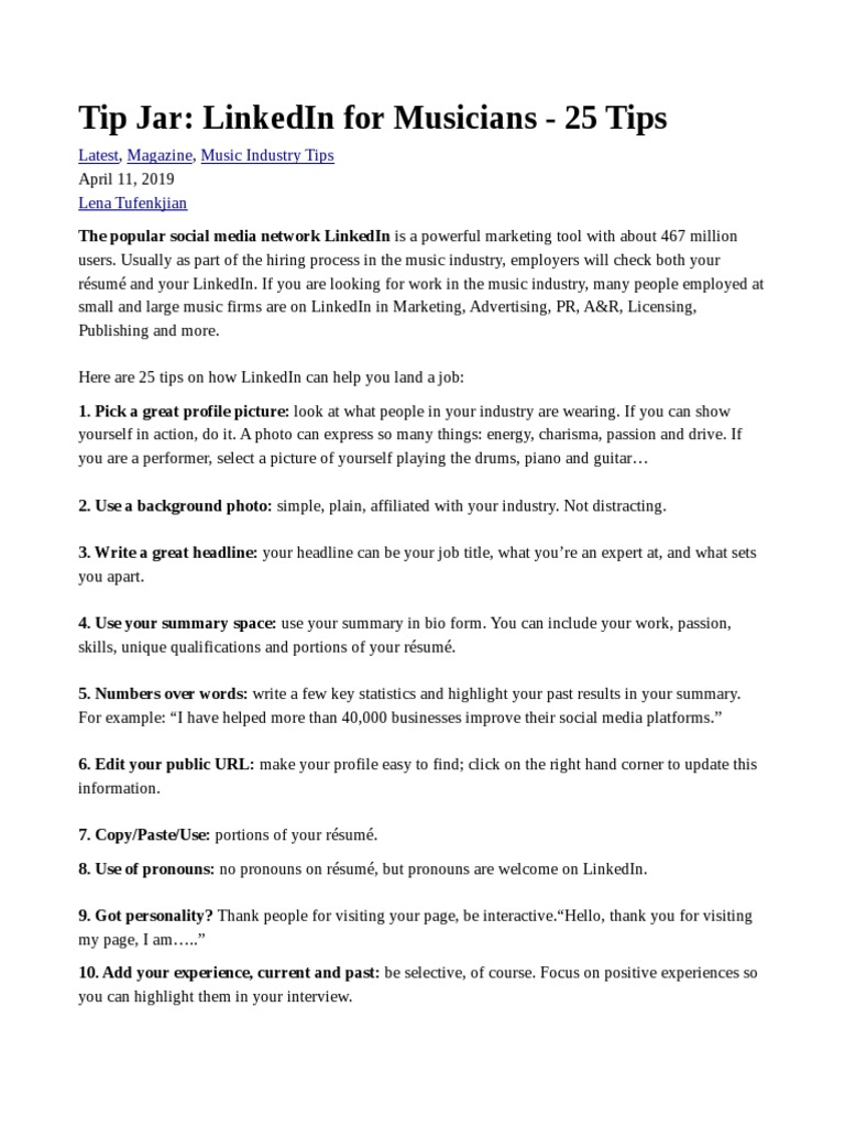 LinkedIn For Musicians - 25 Tips | PDF | Linked In | Résumé