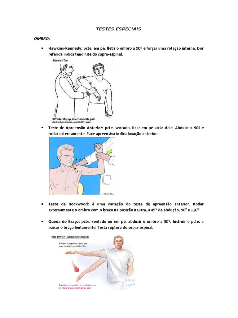 Testes ortopédicos especiais para ombro, cotovelo, mão, quadril, joelho ...