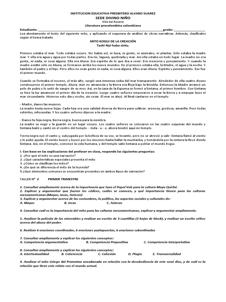 Taller Sobre El Mito - Grado Sexto | PDF | Mitos de la creación ...