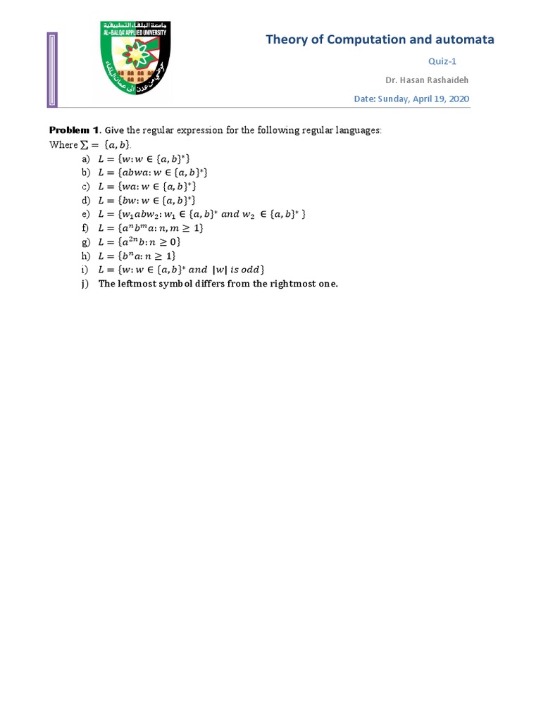 Theory of Computation and Automata: Problem 1. Give The Regular Expression For The Following ...