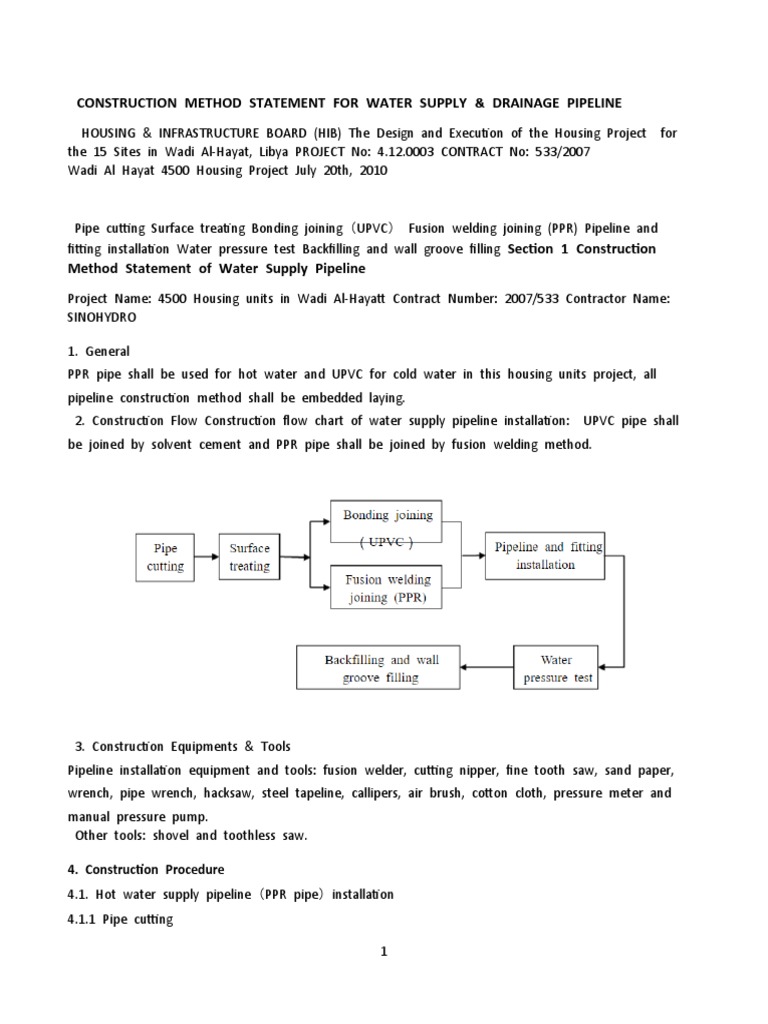 Construction Method Statement of Water Supply and Drainage Pipeline ...