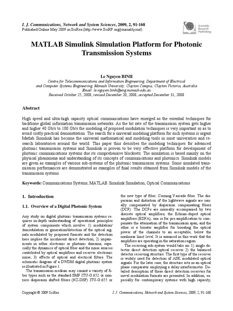 MATLAB Simulink Simulation Platform For Photonic Transmission Systems ...