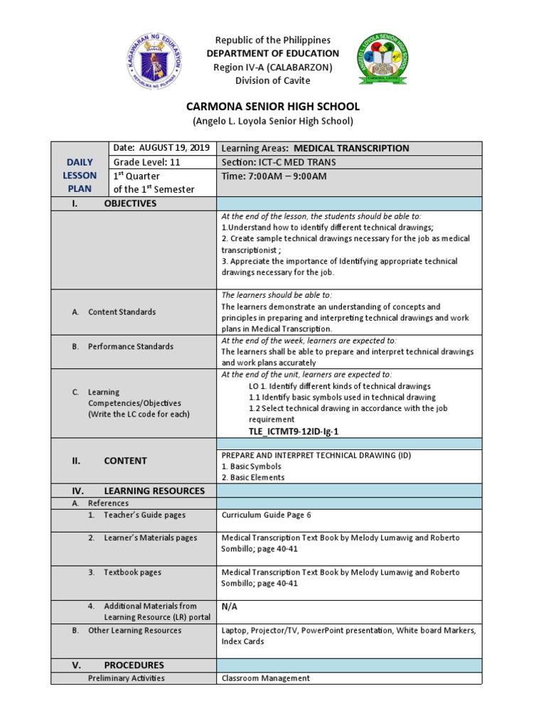 Med Trans Lesson Plan - August 19, 2019 | PDF | Technical Drawing ...