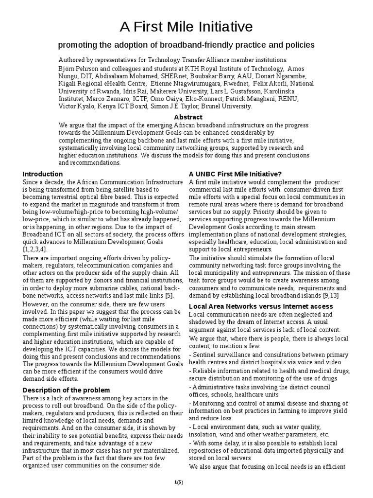 A First Mile Initiative: Promoting The Adoption of Broadband-Friendly ...