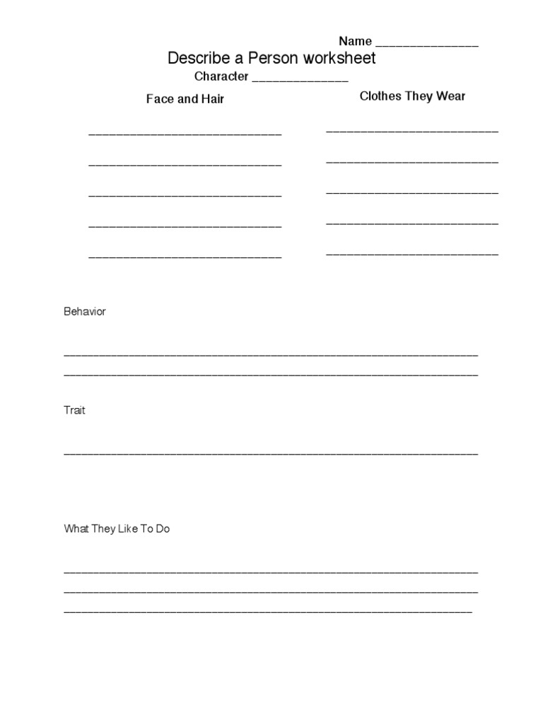Describe A Character Worksheet PDF