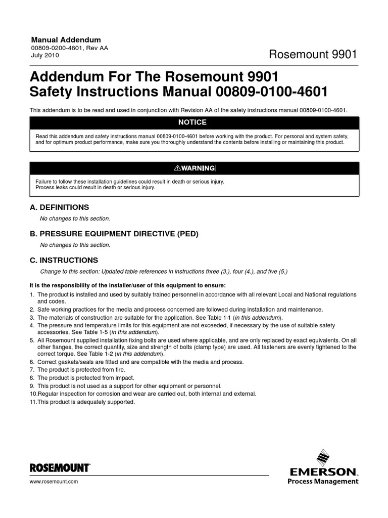 Addendum For The Rosemount 9901 Safety Instructions Manual 00809-0100 ...