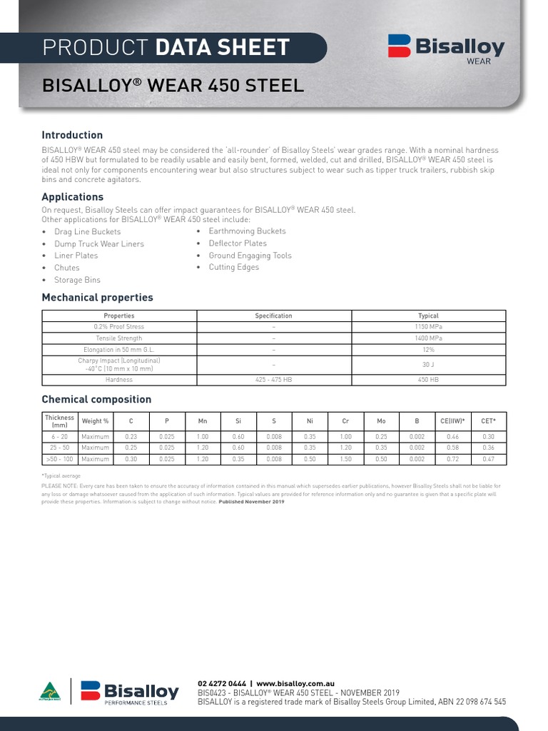 Product Data Sheet: Bisalloy Wear 450 Steel | PDF | Steel | Metals