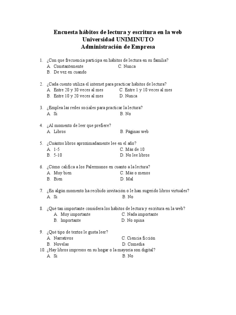 Encuesta Hábitos de Lectura y Escritura en La Web | PDF | Ciencias ...