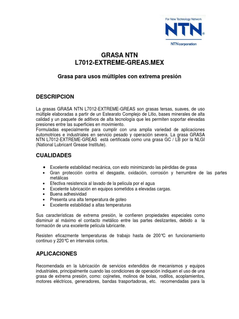 Ficha Tecnica Grasa NTN | PDF | Lubricante | Agua