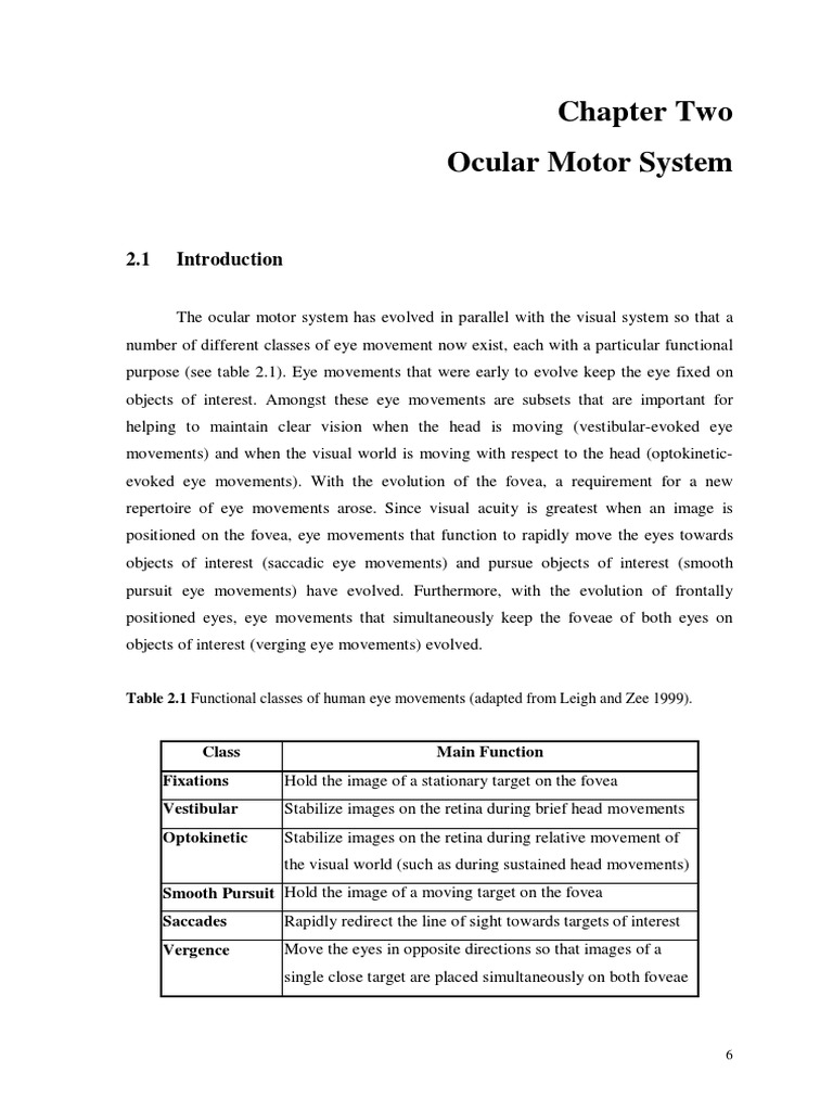 Chapter Two Ocular Motor System: Class Main Function Fixations ...