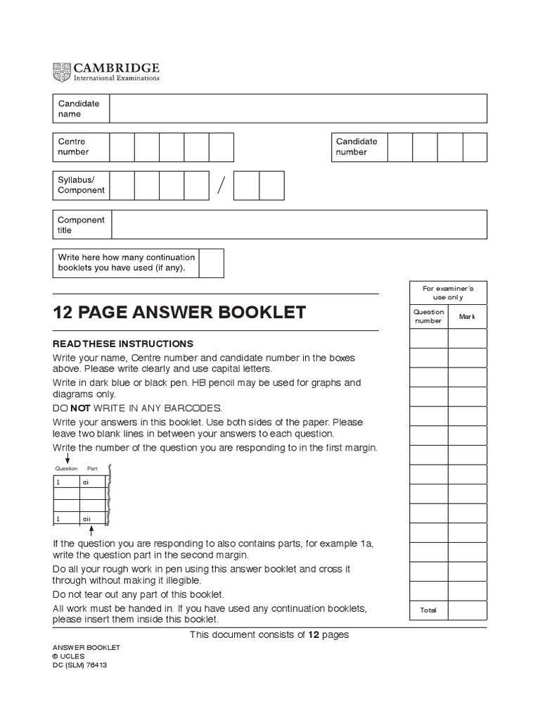 12 Page Answer Booklet: Read These Instructions | PDF
